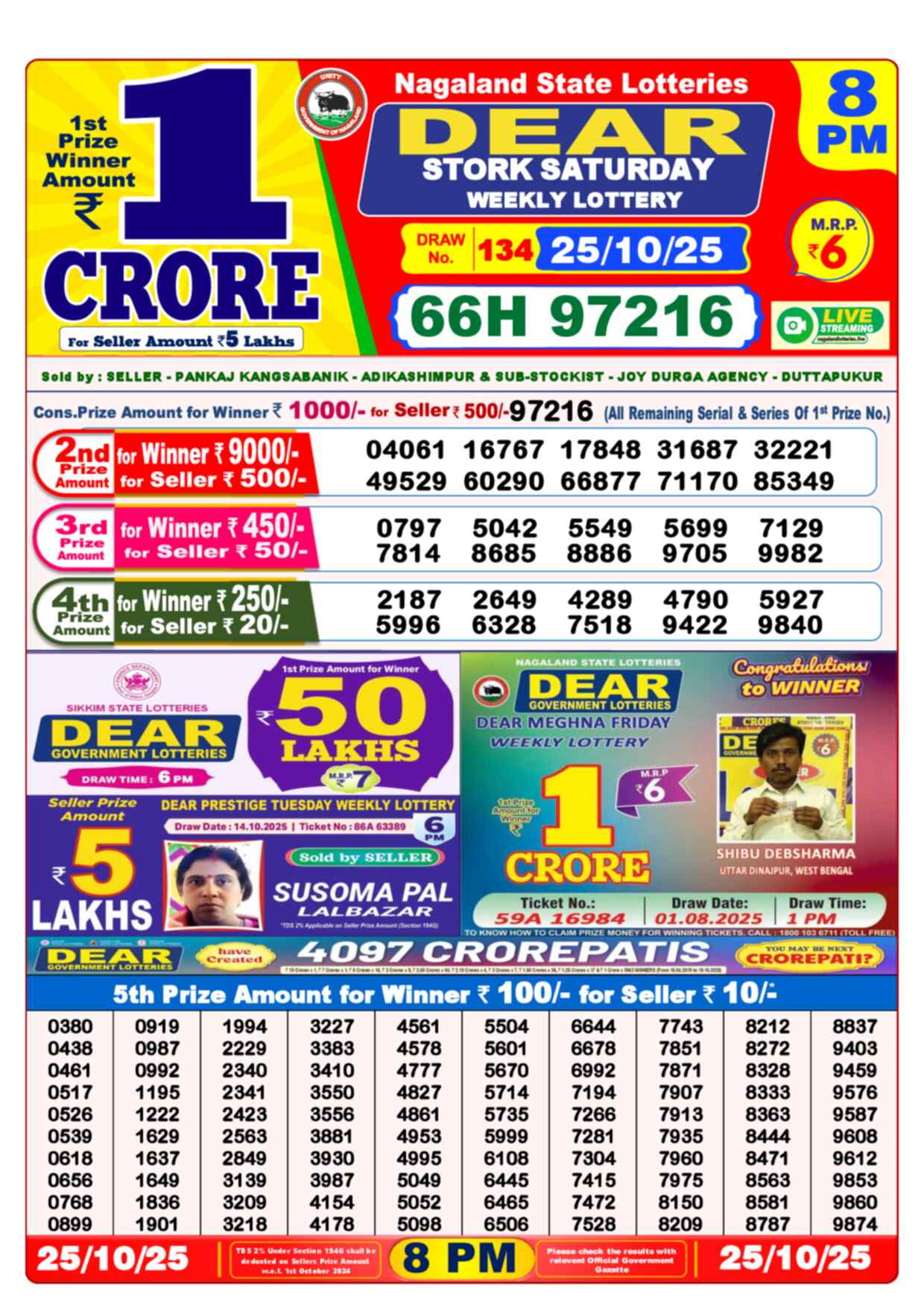Yesterday’s Dear Lottery Results – 1 PM, 6 PM, 8 PM | Lottery Sambad